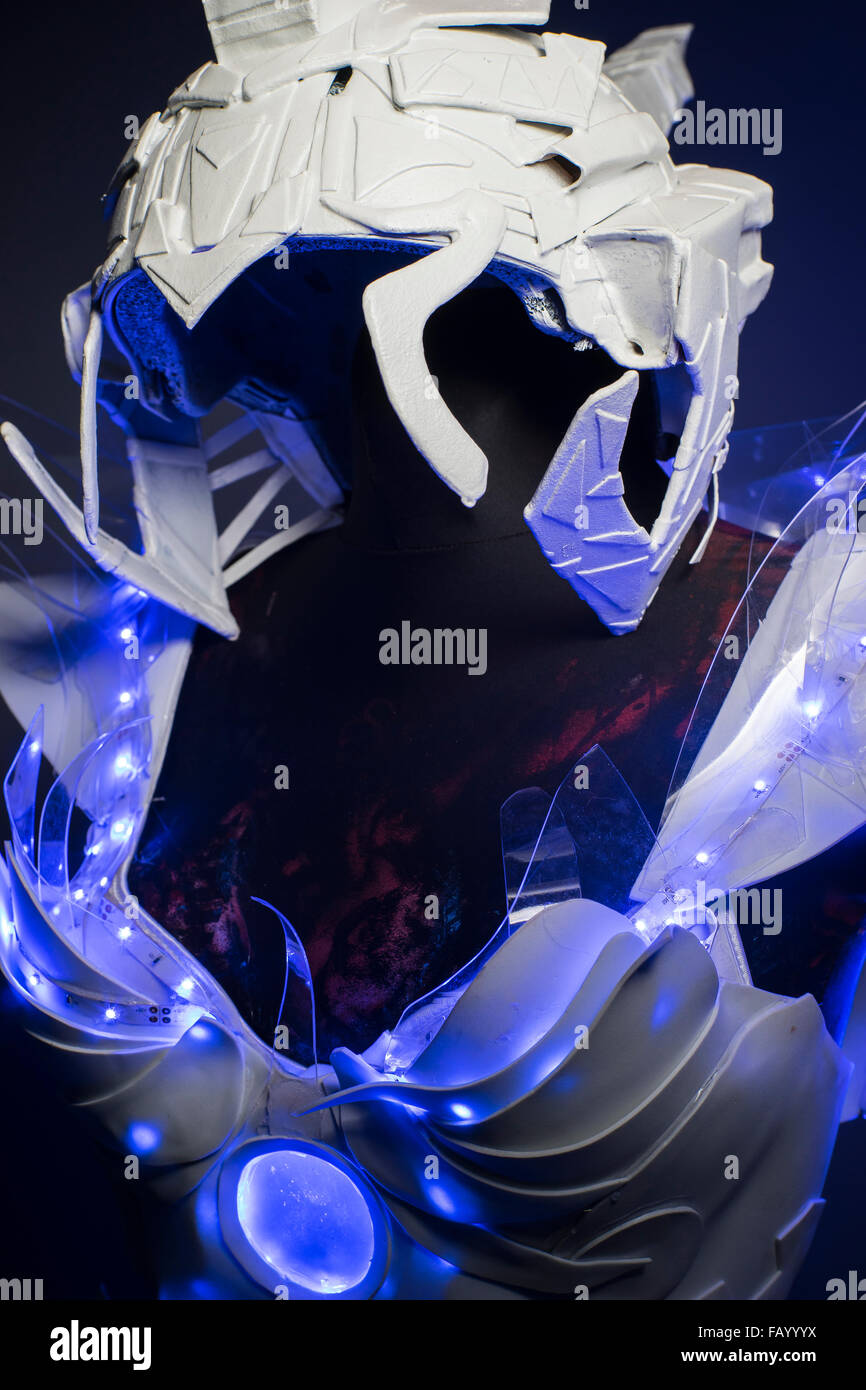 helmet, bionic armor with blue LED lights and plastic materials Stock ...