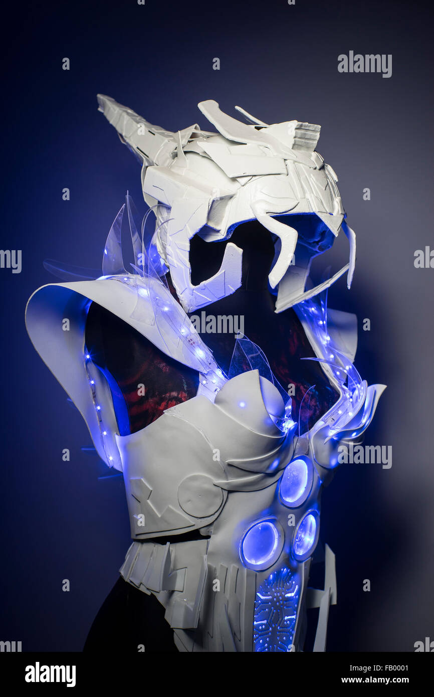 helmet, bionic armor with blue LED lights and plastic materials Stock ...