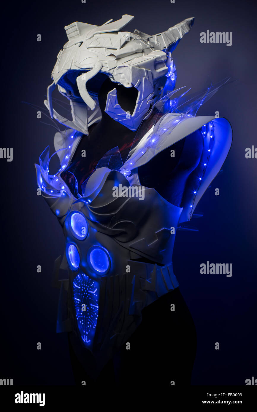 bionic armor with blue LED lights and plastic materials Stock Photo - Alamy