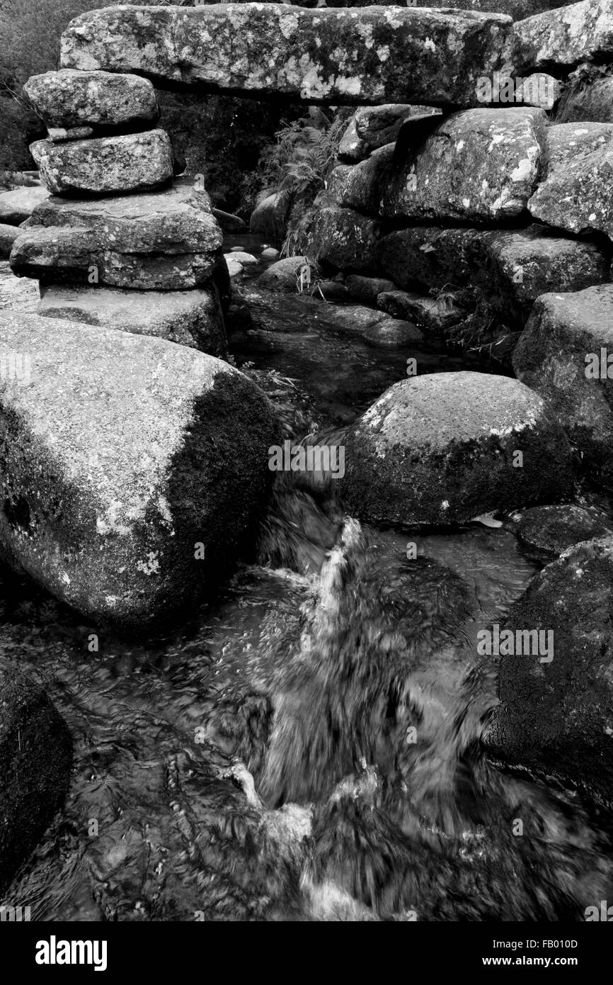 The remains of the ancient clapper bridge at Dartmeet, Dartmoor, Devon ...