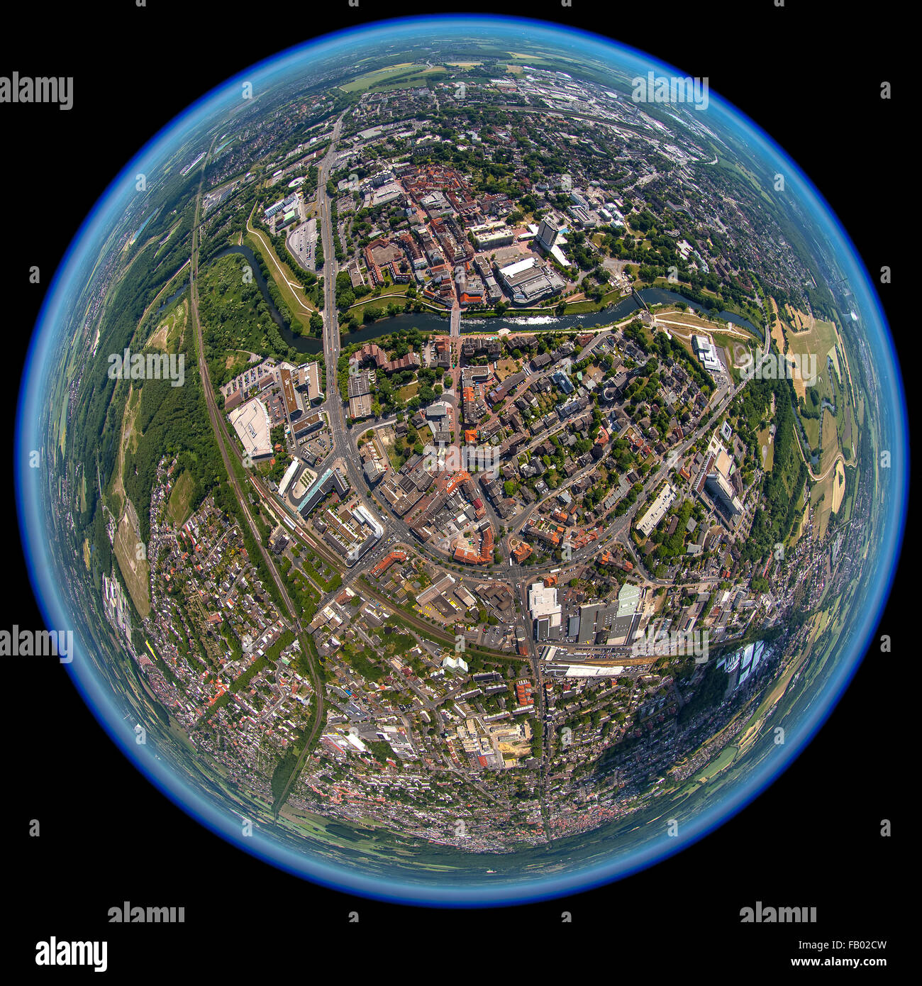 Aerial view, fisheye image, overlooking the city center of Lünen with ...