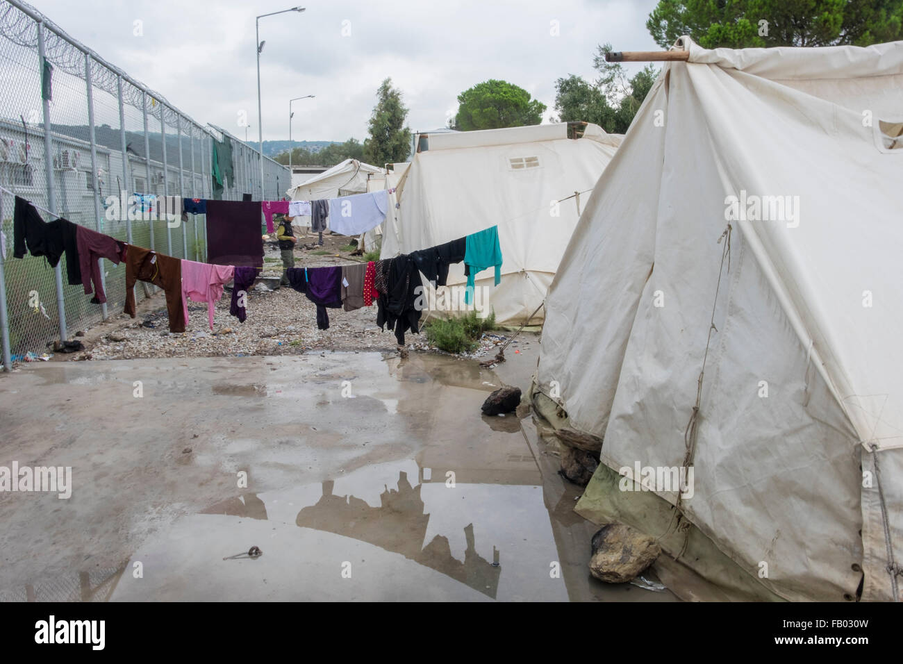 Temporary refugee camp at the Moria camp site on the island of Lesvos ...