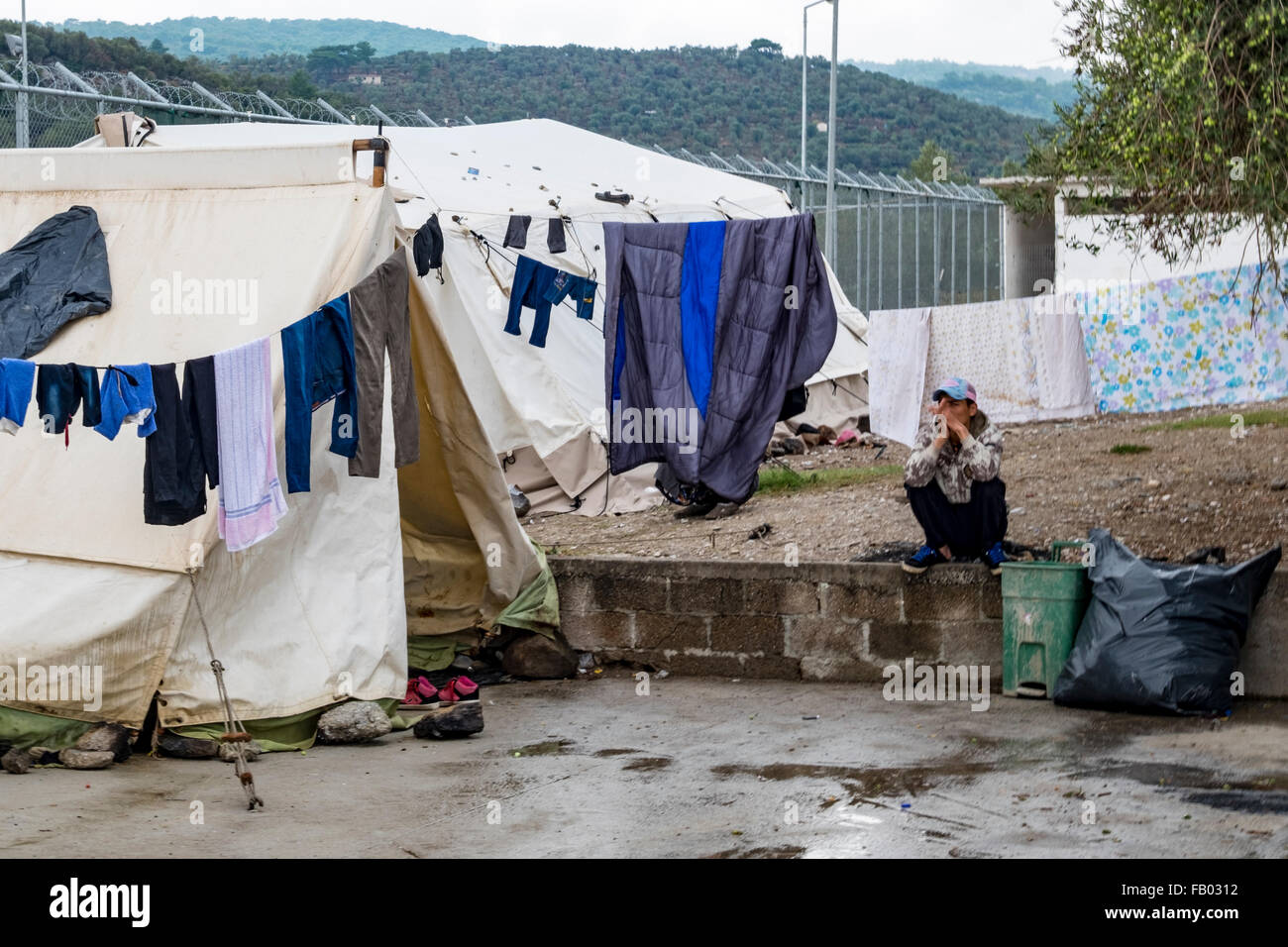 Temporary refugee camp at the Moria camp site on the island of Lesvos ...