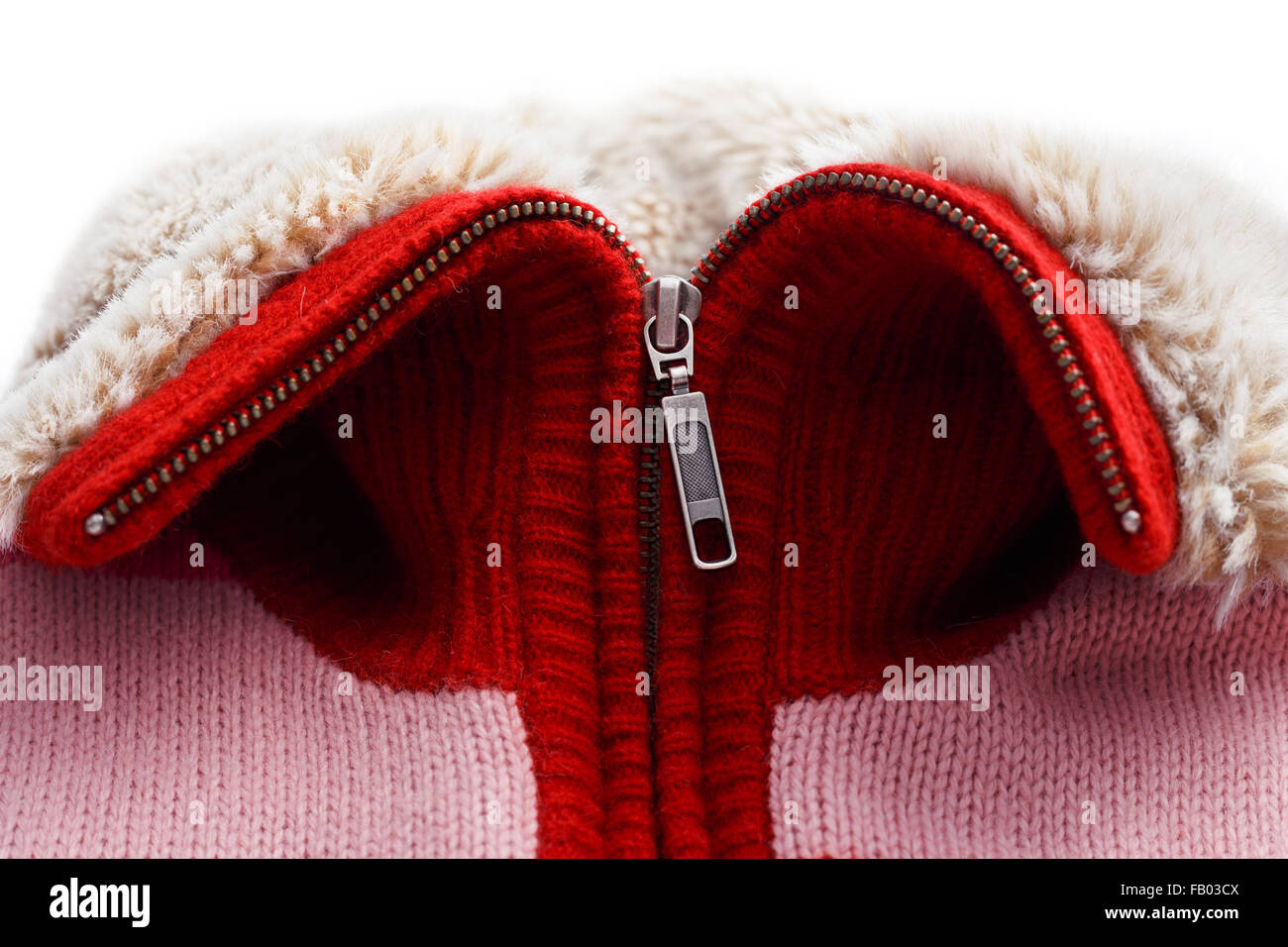 Wool knit sweater with turtleneck zipper closeup on white background ...