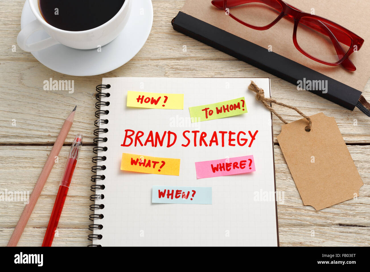 Brand marketing strategy concept with notebook, brand tag and coffee ...