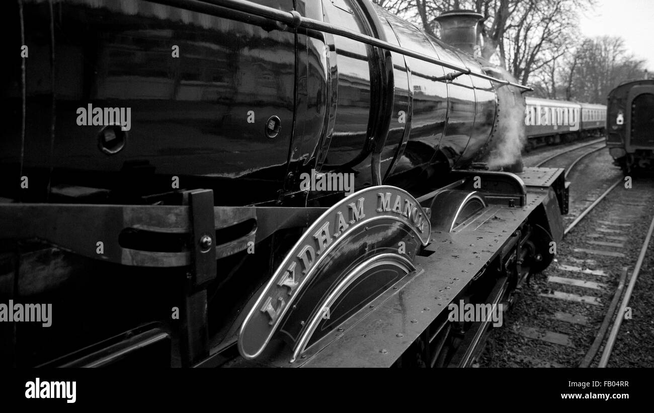 The nameplate and boiler of 7827 Lydham Manor steam locomotive at ...