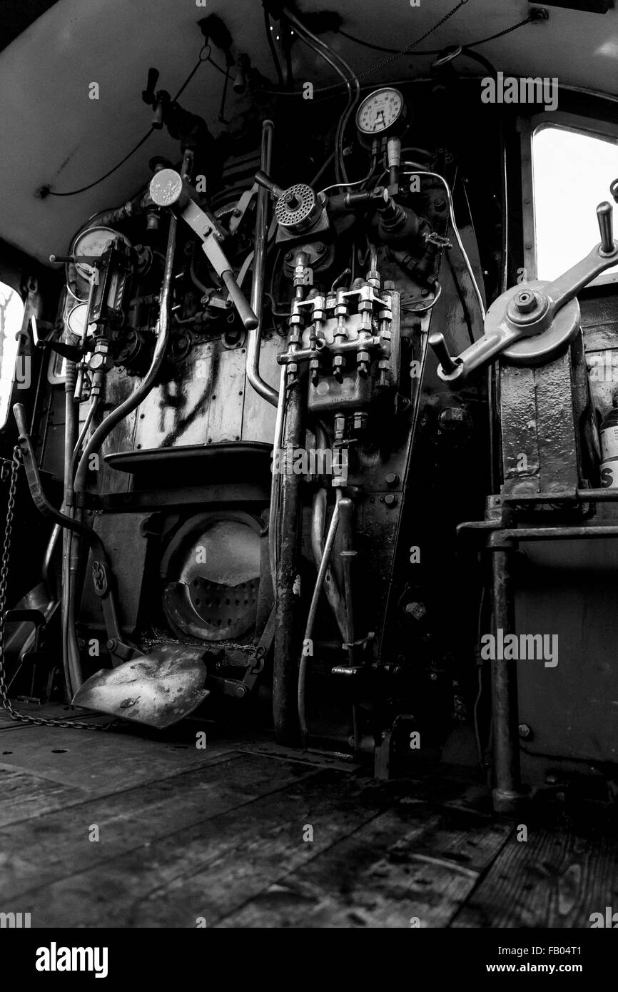 The footplate and controls of 7827 Lydham Manor steam locomotive at ...