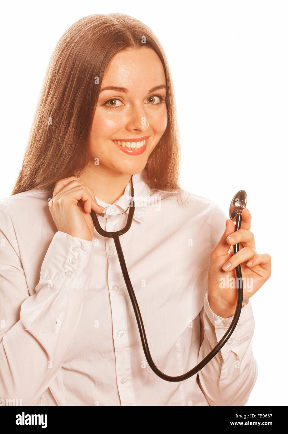 young pretty woman doctor with stethoscope on white background Stock ...