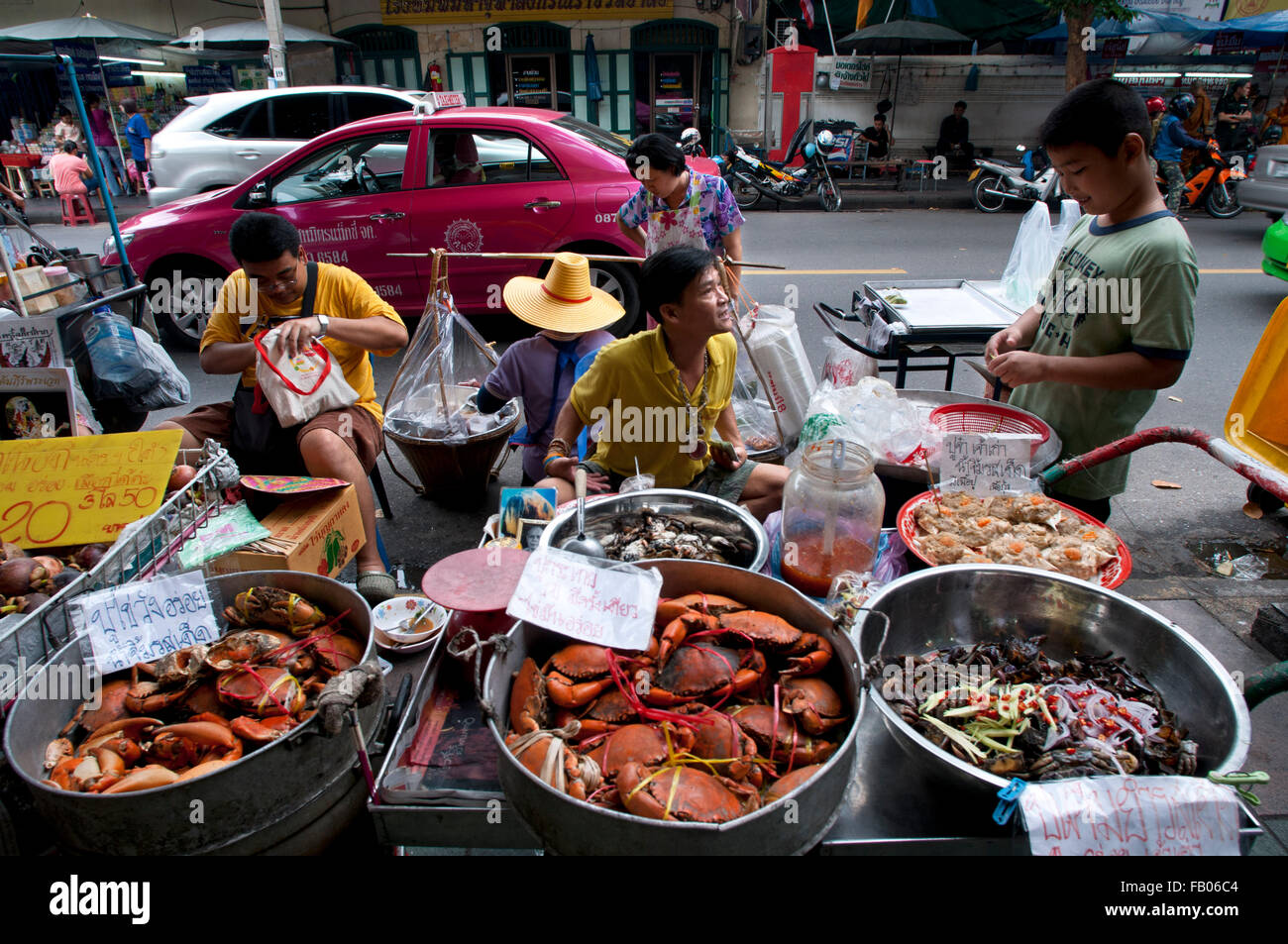 Shelfish stall food in Prachan Amulet Market in Bangkok, Thailand. The ...