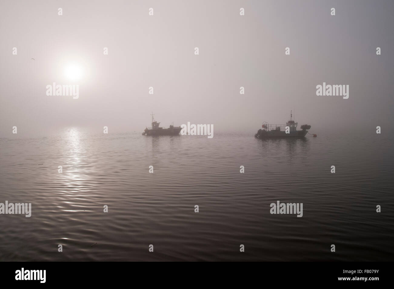 boats in strong sea mist Stock Photo - Alamy