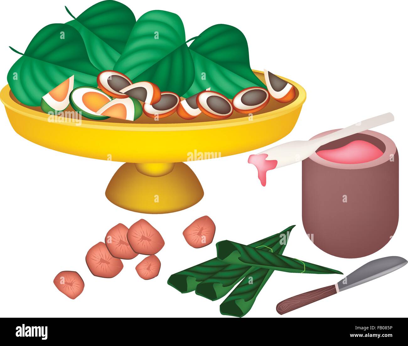 An Illustration of Ripe Areca Nut Chewed with Betel Leaves and Bowl of ...