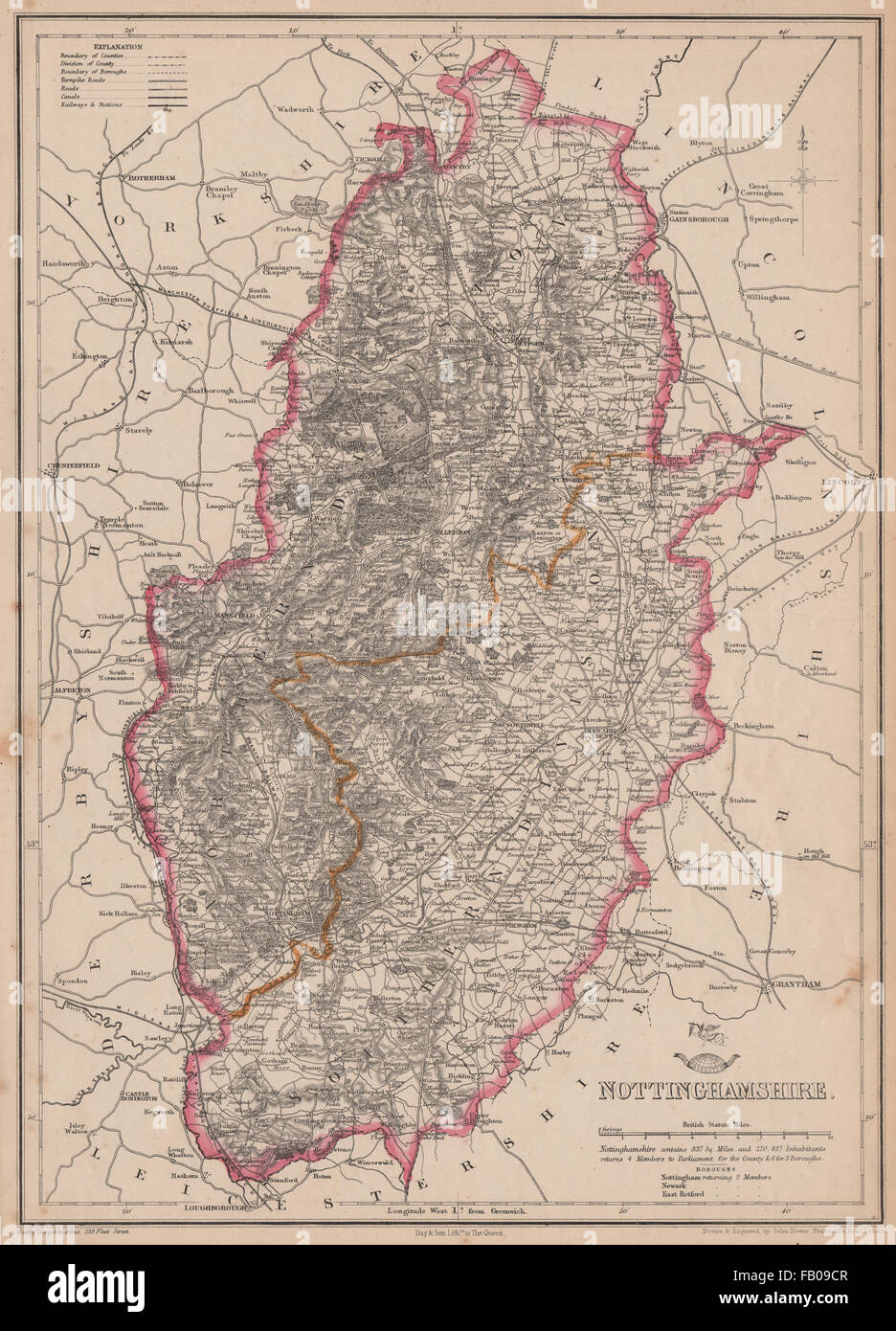 NOTTINGHAMSHIRE. Antique county map. Railways Dukeries. DOWER, 1862 ...
