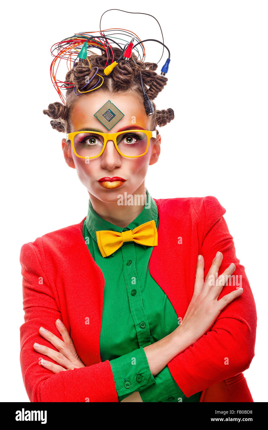 Girl geek in glasses. Crazy programmer. Creative make-up, hairstyle ...