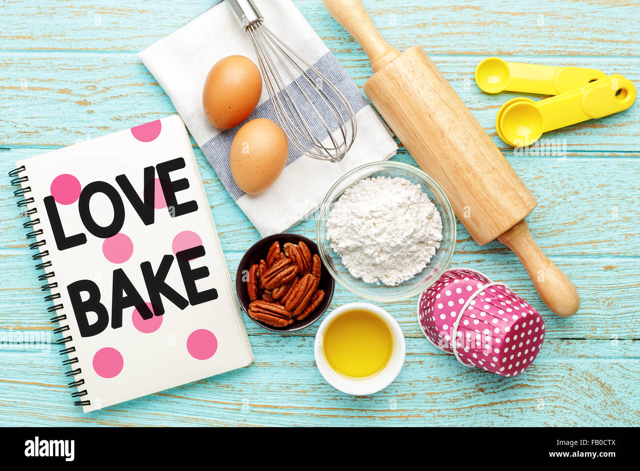 Love baking concept with baking ingredients on wood background Stock ...