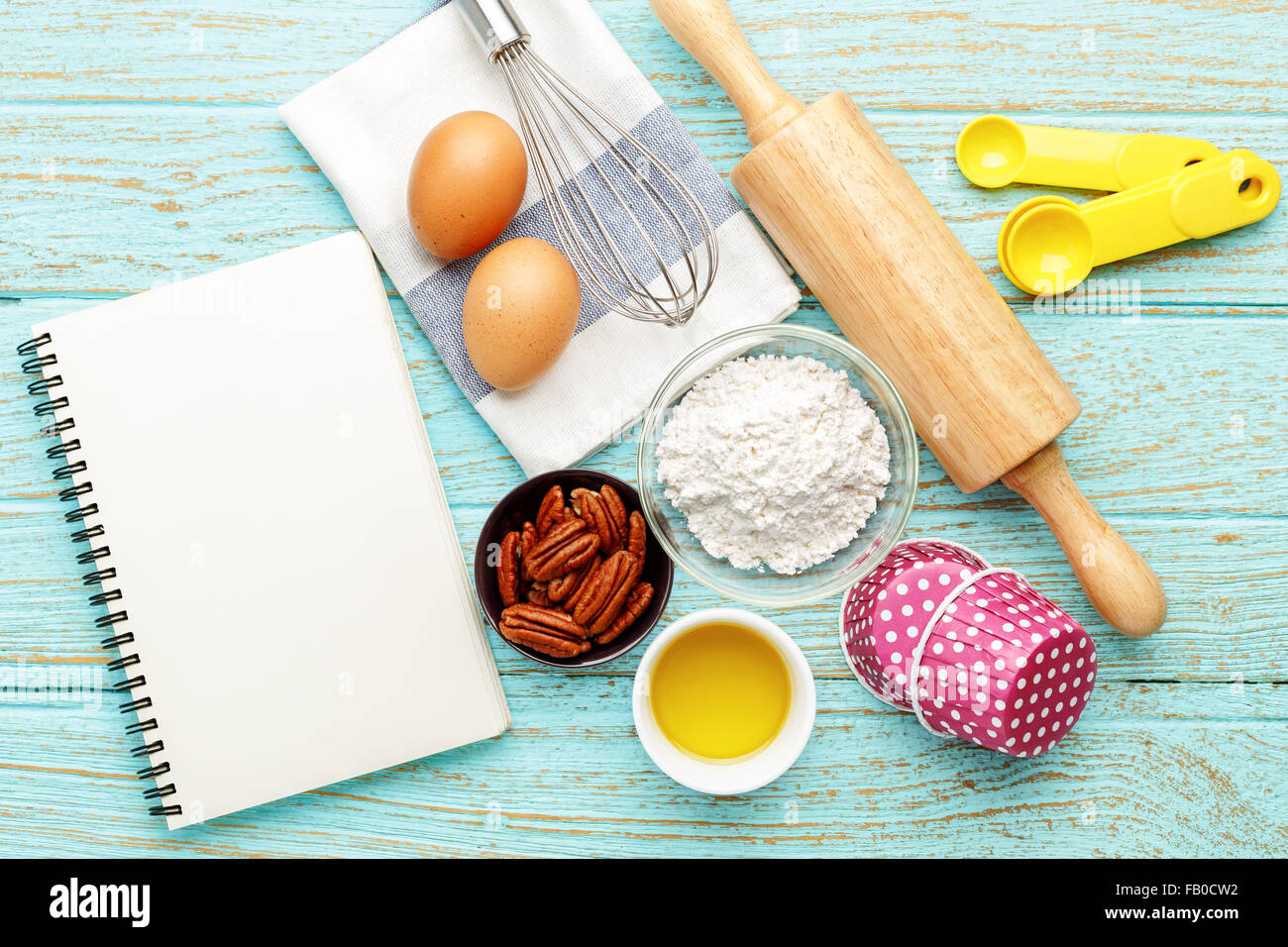 Baking background with blank notebook and baking ingredients Stock ...