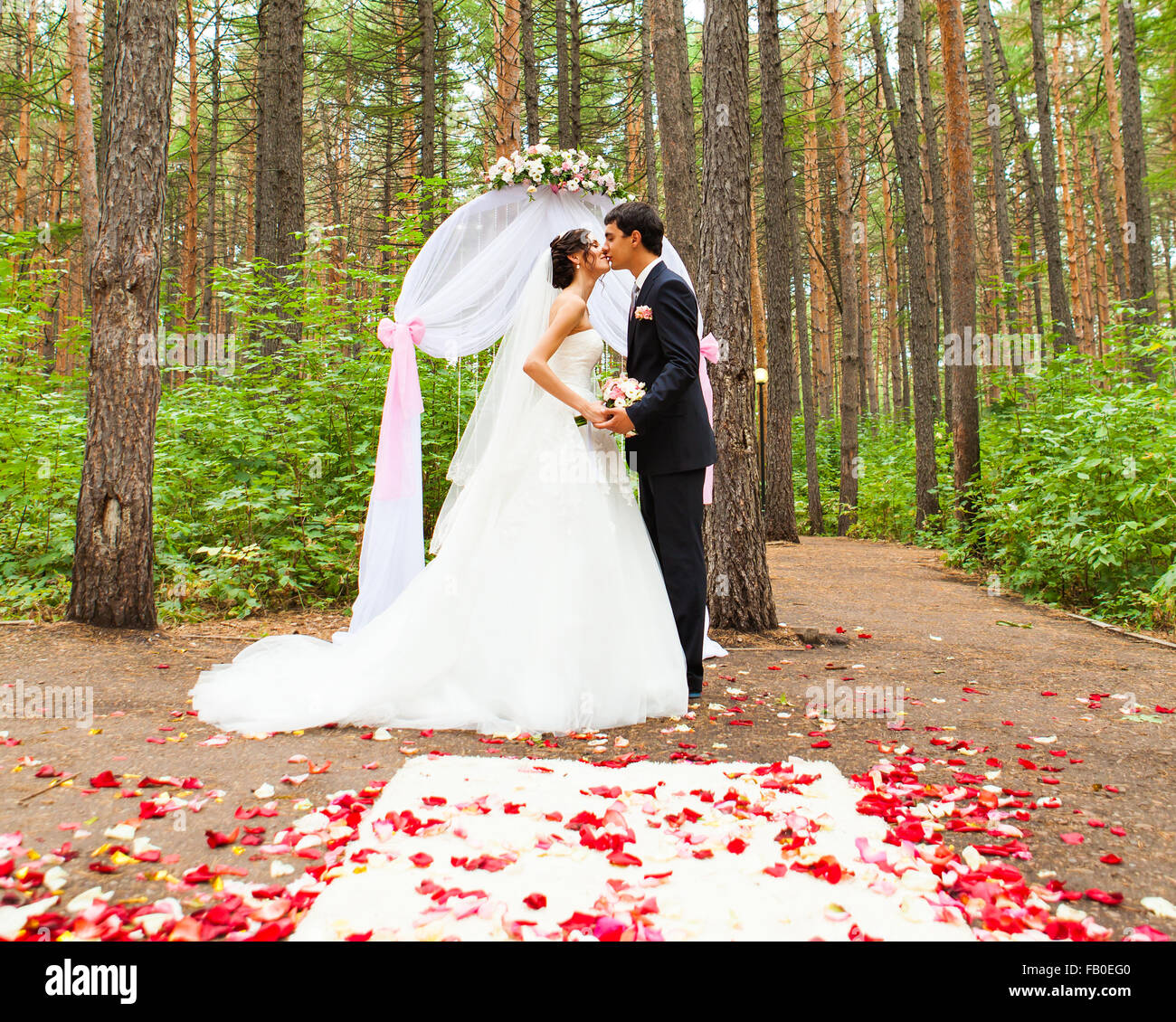 bride and groom kissing near the wedding arch Stock Photo - Alamy