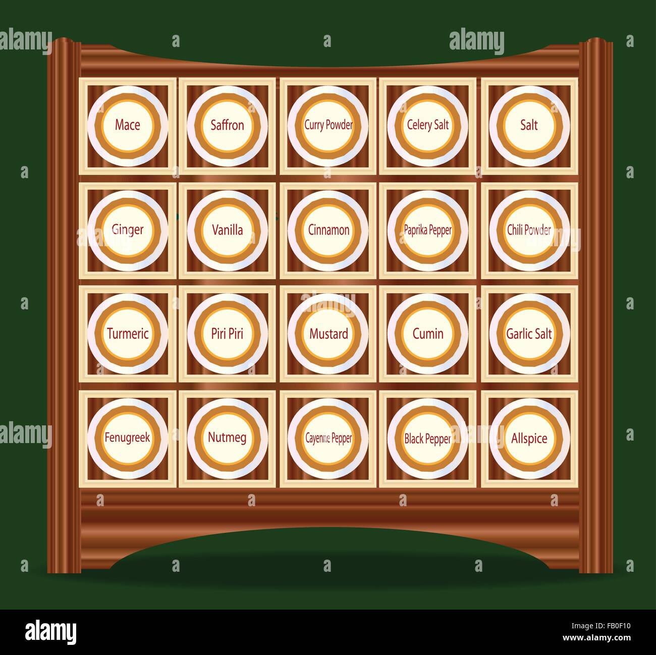 A spice and herb rack with 20 bottles of labeled spices Stock Vector ...