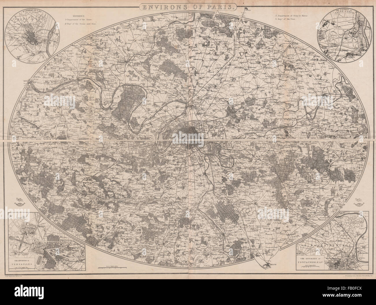ENVIRONS OF PARIS. Large antique map 88x64 cm. DOWER. Dispatch atlas ...
