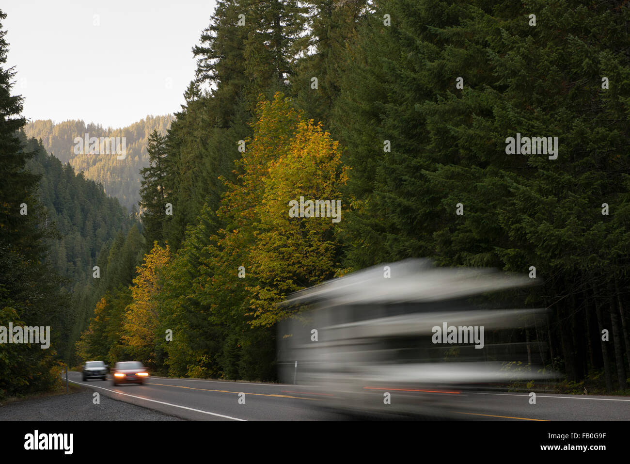 Cars and RVs drive on the busy McKenzie River Highway in Oregon, which ...