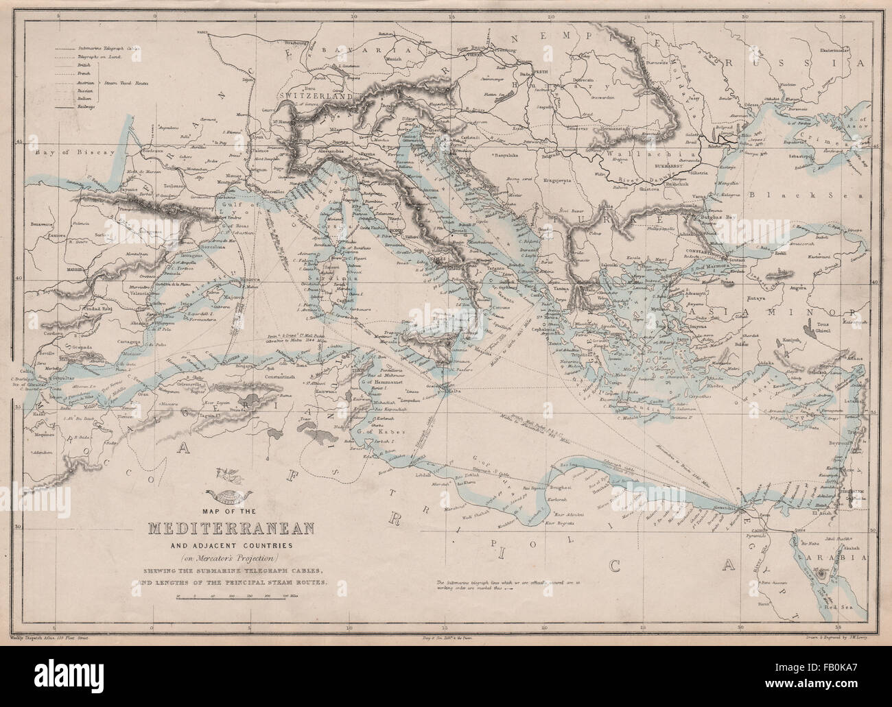 MEDITERRANEAN SEA. Submarine telegraph cables. steamship routes. LOWRY ...