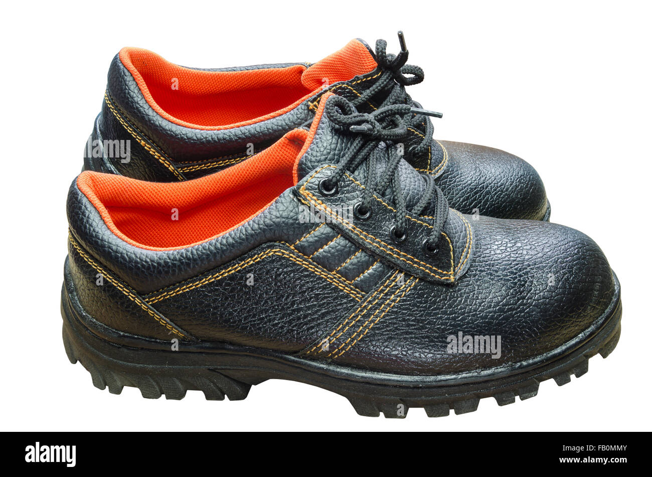 Black steel toe safety of steel cap work boots on white blackground ...