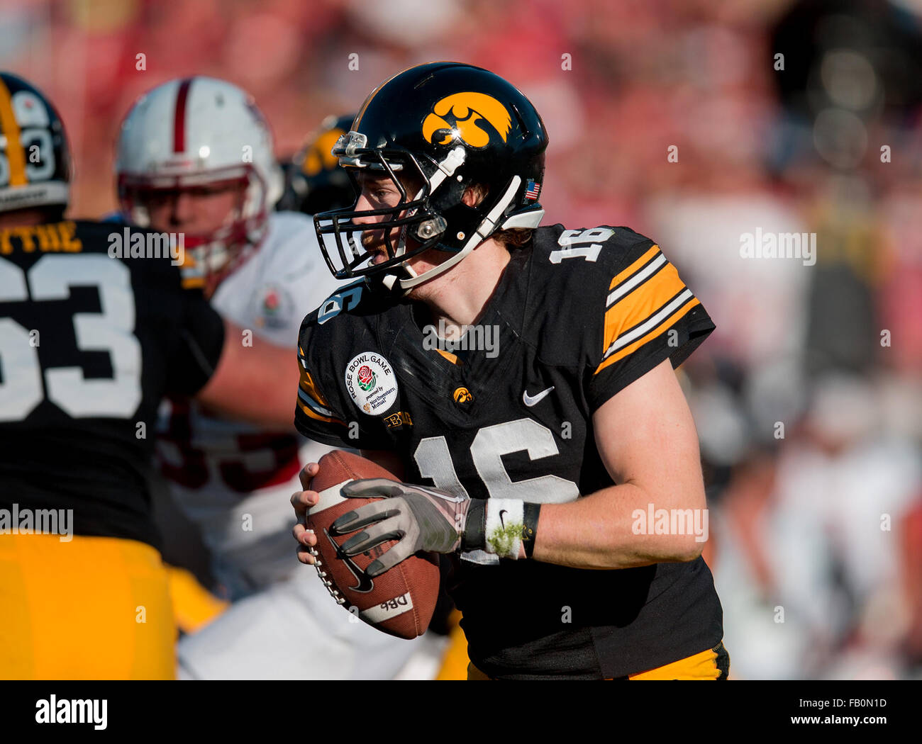Pasadena, CA. 1st Jan, 2016. Iowa Hawkeyes quarterback (16) C.J ...
