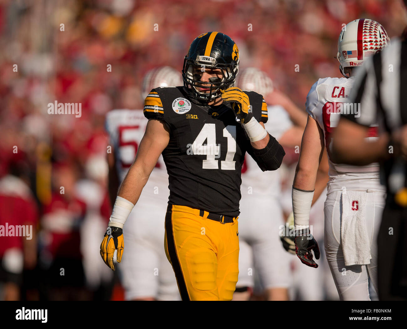 Pasadena, CA. 1st Jan, 2016. Iowa Hawkeyes linebacker (41) Bo Bower ...