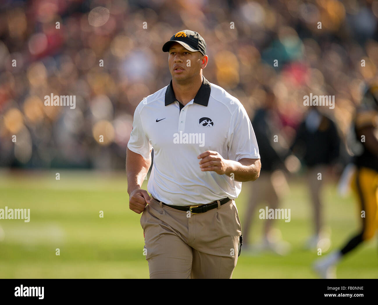 Pasadena, CA. 1st Jan, 2016. Iowa Hawkeyes tight ends coach Levar Woods ...