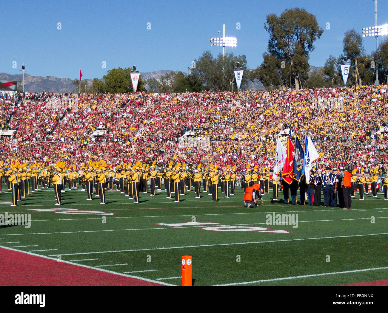 Pasadena, CA. 1st Jan, 2016. The Iowa Hawkeyes band perform before the ...