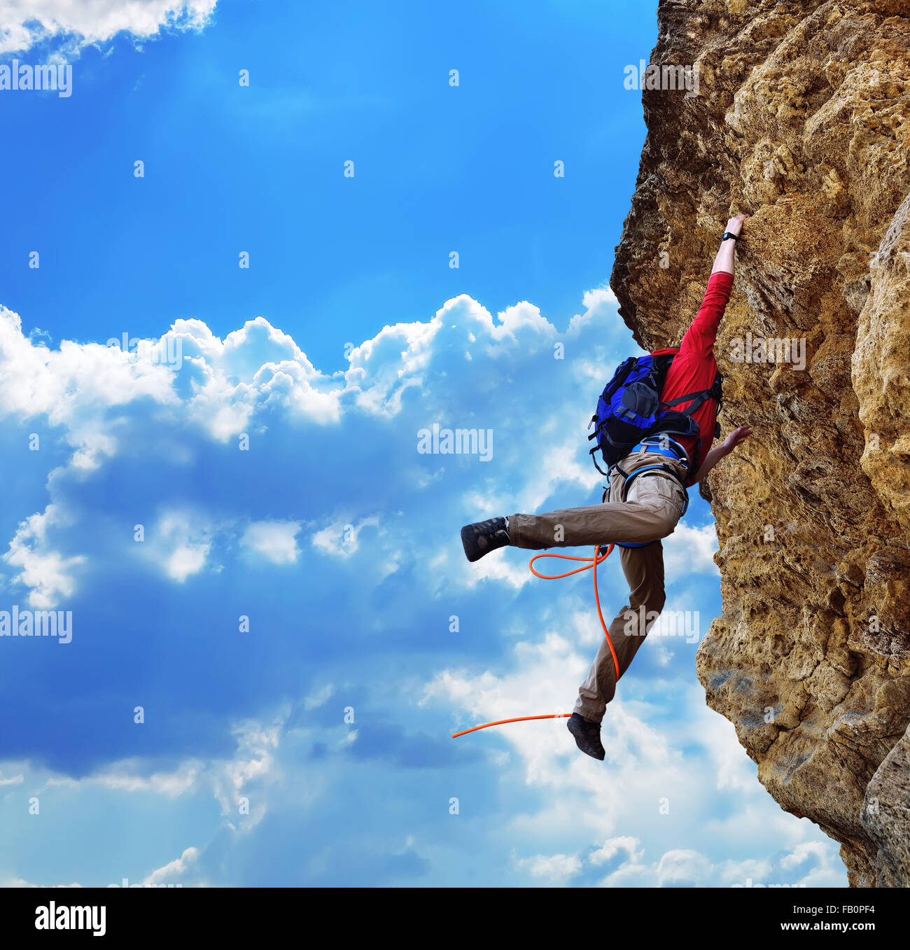 young rock-climber with backpack fell from a cliff Stock Photo - Alamy