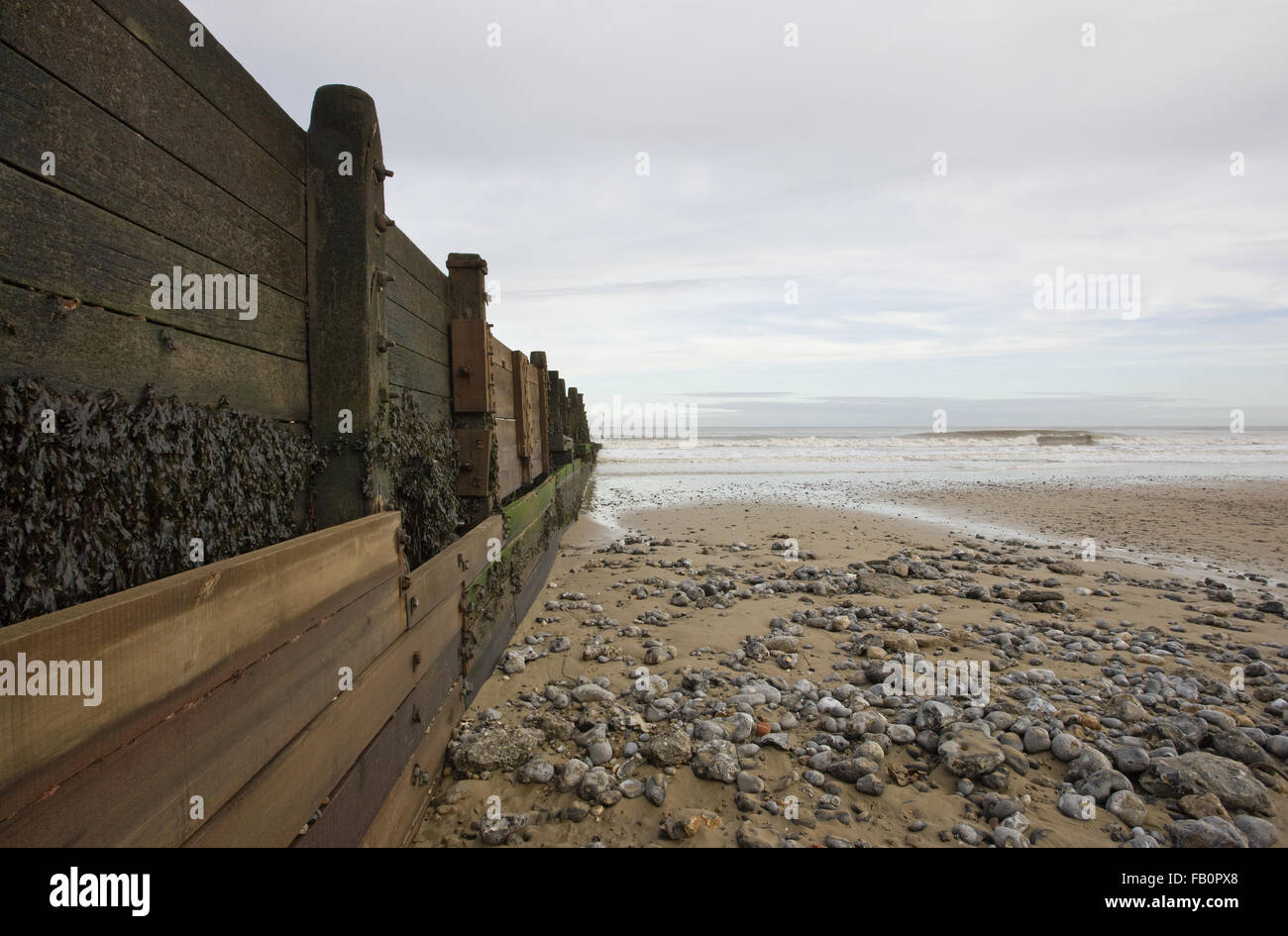 Part of the sea defences on the beach at Cromer in North Norfolk UK ...