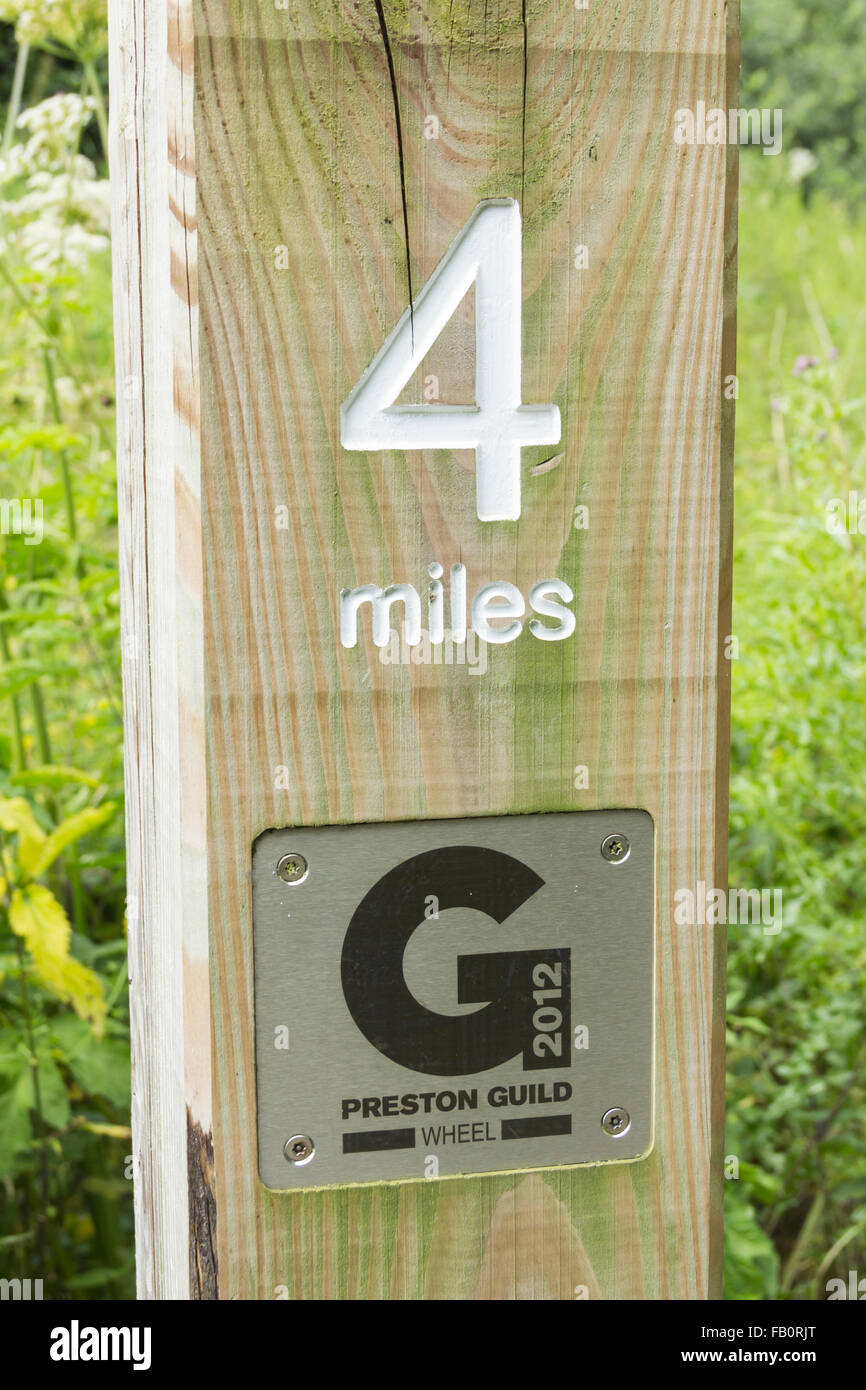 Milepost at the 4 mile point on the Preston Guild Wheel cycle path. The ...