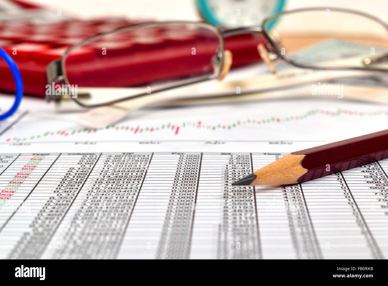 budget stats, pencil and calculator on table Stock Photo - Alamy