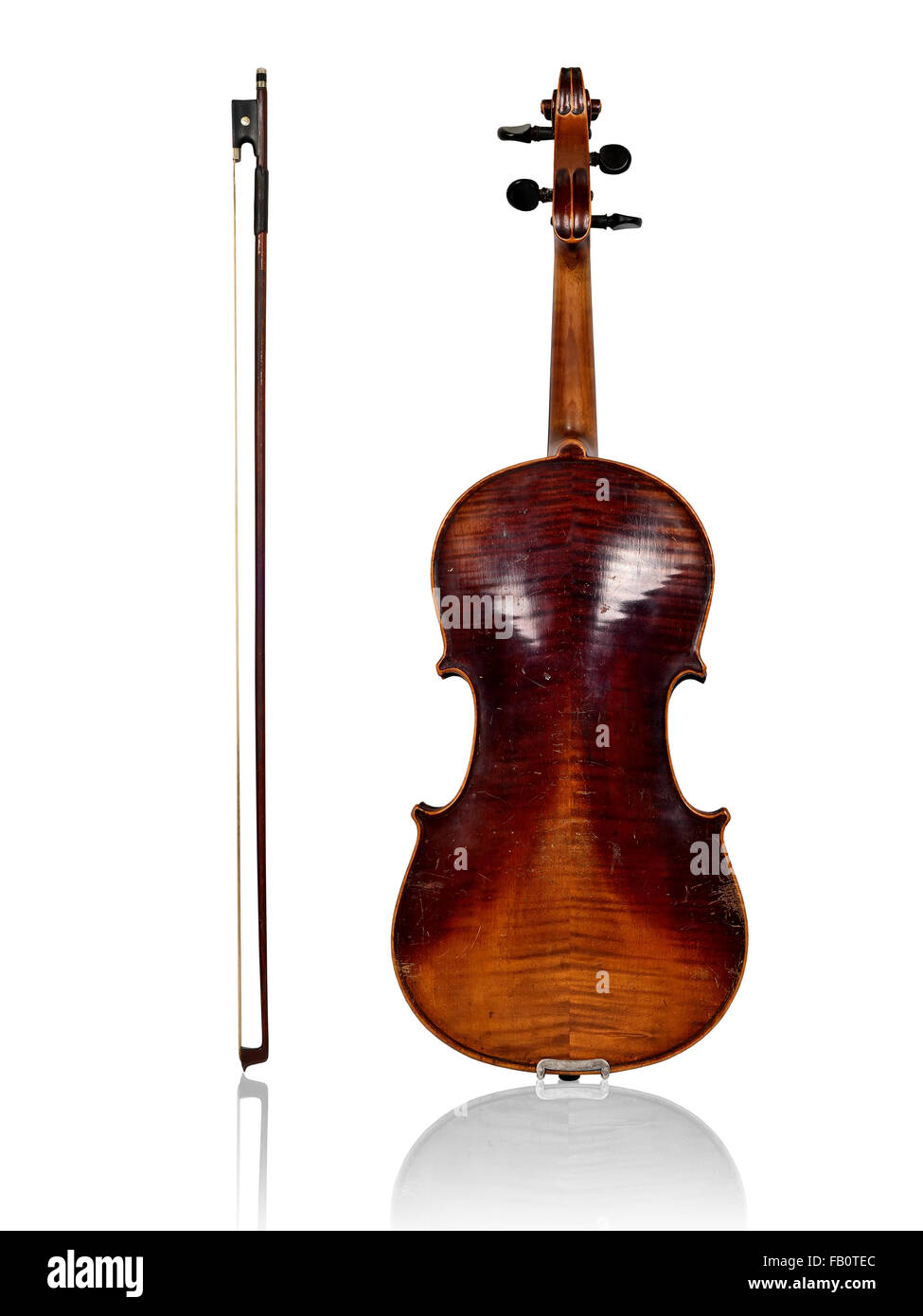 Violin and bow back view on à white background Stock Photo - Alamy