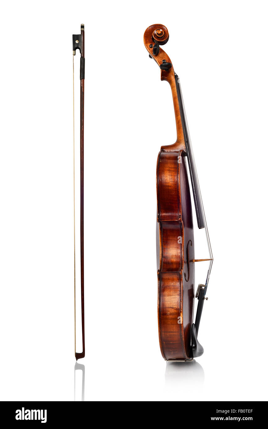 Violin and bow side view on a white background Stock Photo - Alamy