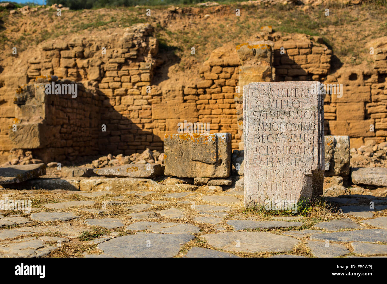 Remains of headstone in archaeological site of the Roman city known as ...