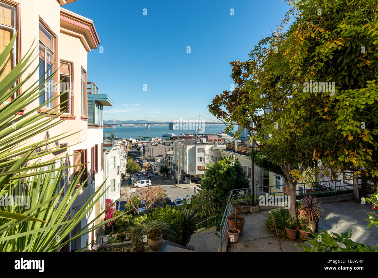 Steep streets with a view of Bay Bridge in San Francisco bay Stock ...