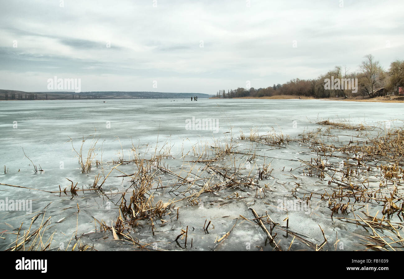 Beautiful landscape of frozen lake covered with snow and ice Stock ...