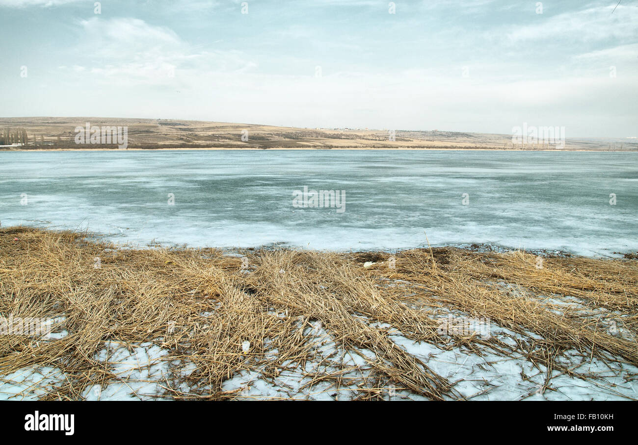 Beautiful landscape of frozen lake covered with snow and ice Stock ...