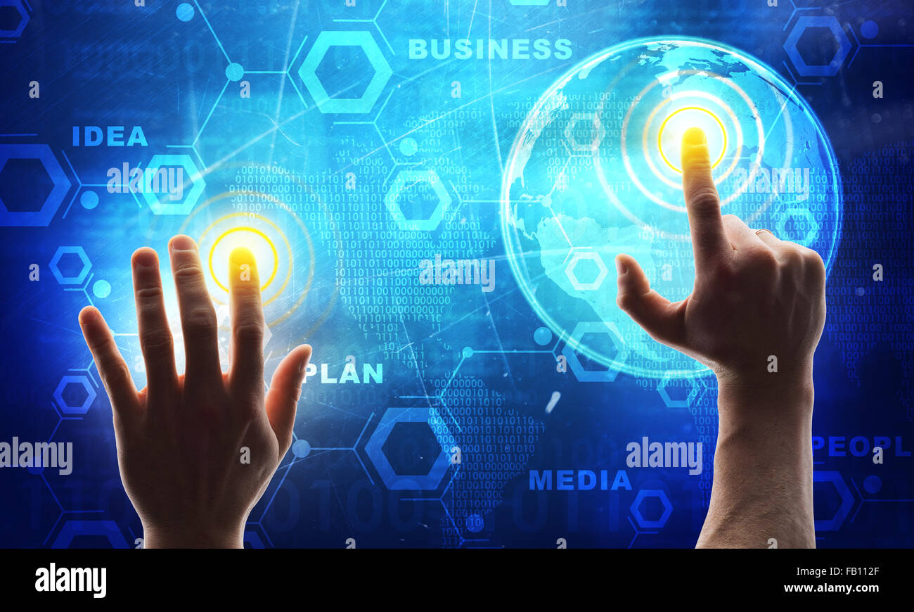 Hand pressing blue virtual button Stock Photo - Alamy