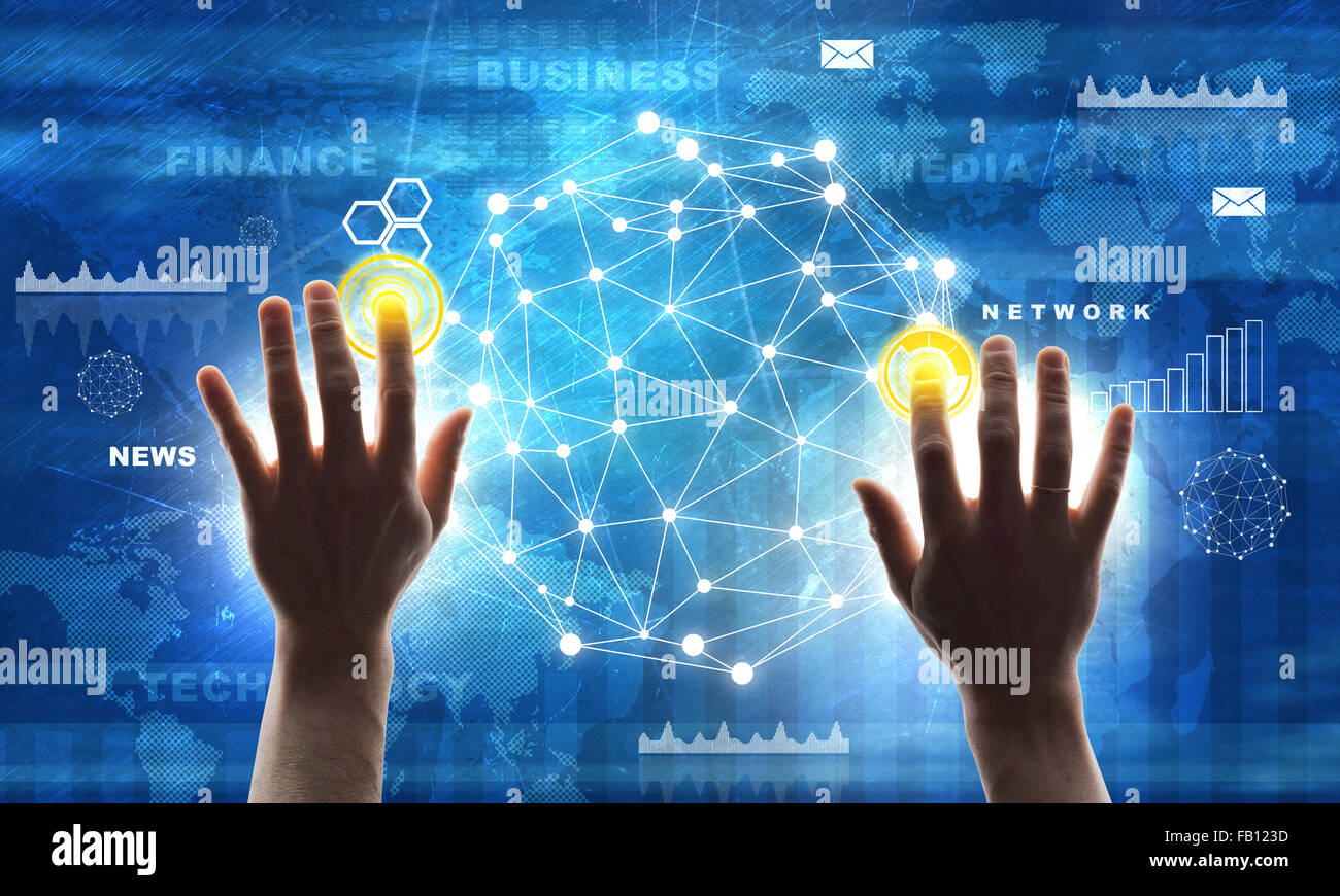 Hand pressing blue virtual button Stock Photo - Alamy