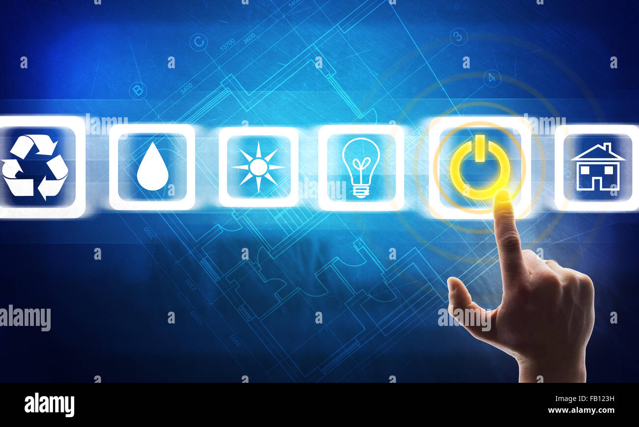 Hand pressing blue virtual button Stock Photo - Alamy