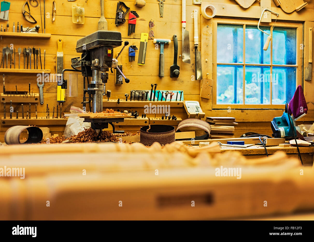 Carpentry workbench with tools Stock Photo - Alamy