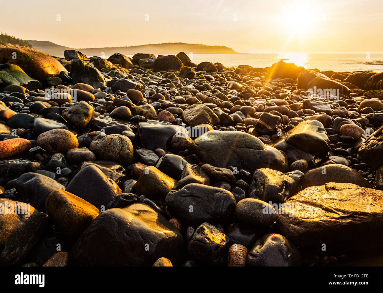 Rocks on beach at sunrise Stock Photo - Alamy