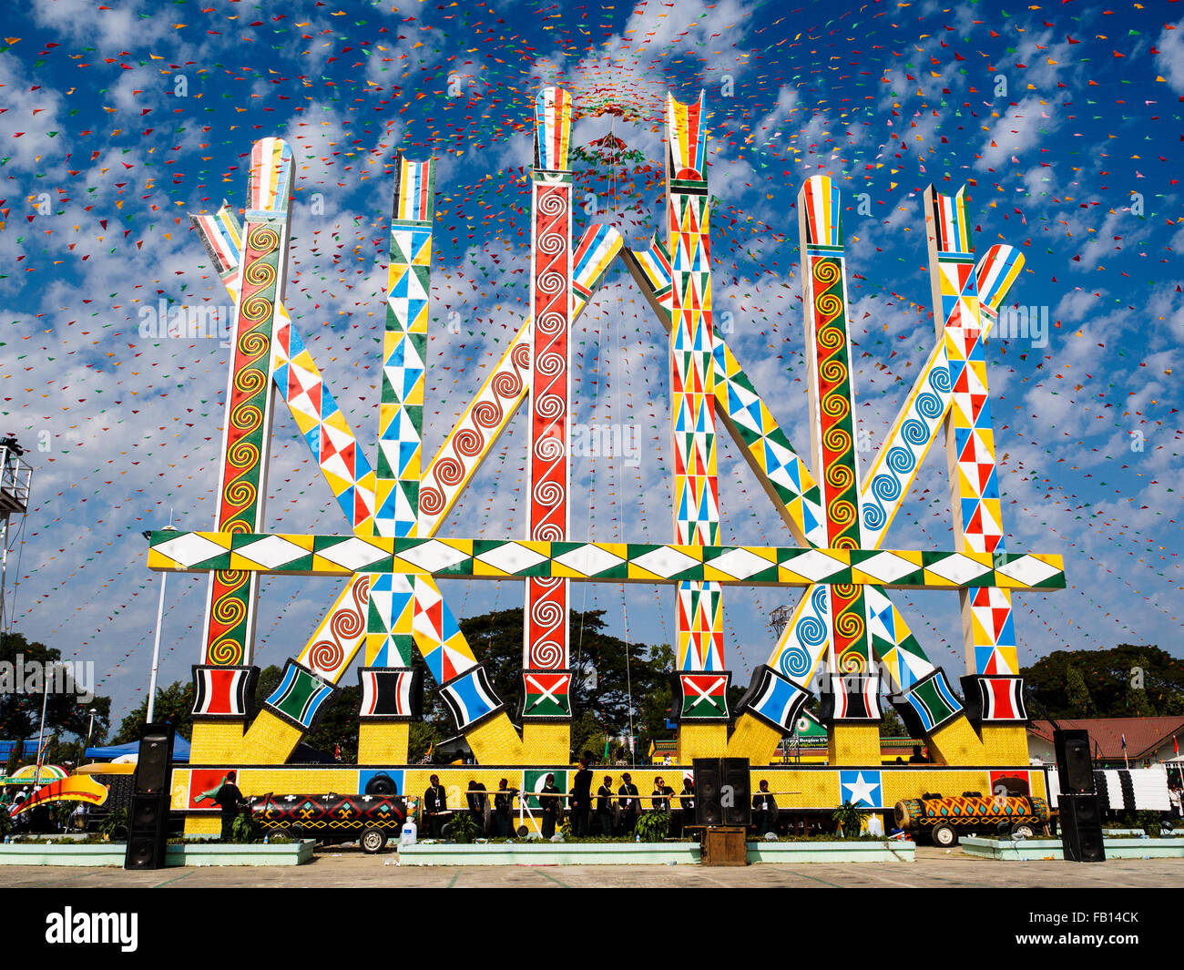 Sacred poles of the Manau Dance, traditional ceremony of Kachin Stock ...