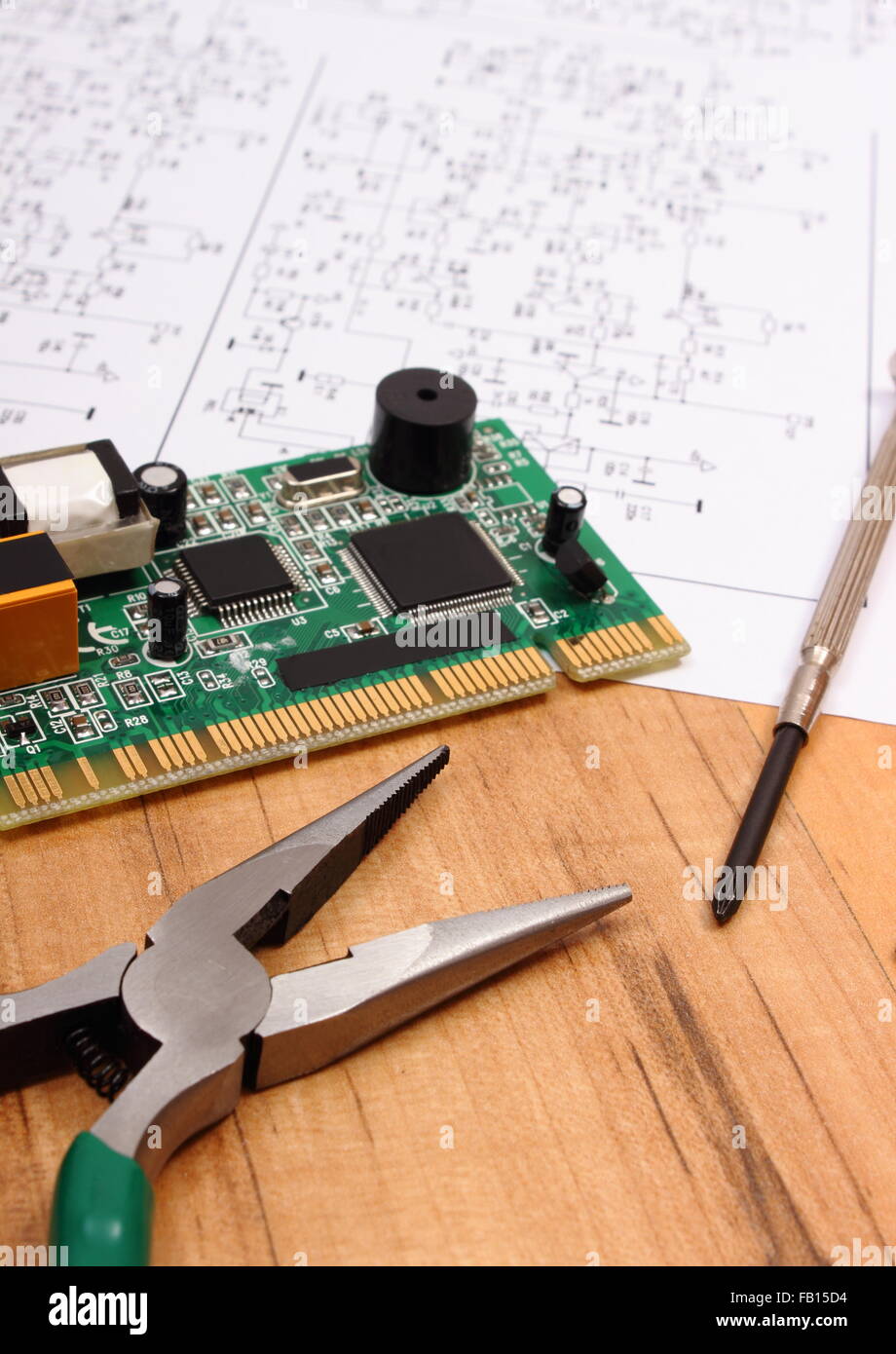 Printed circuit board with electrical components, precision tools and ...