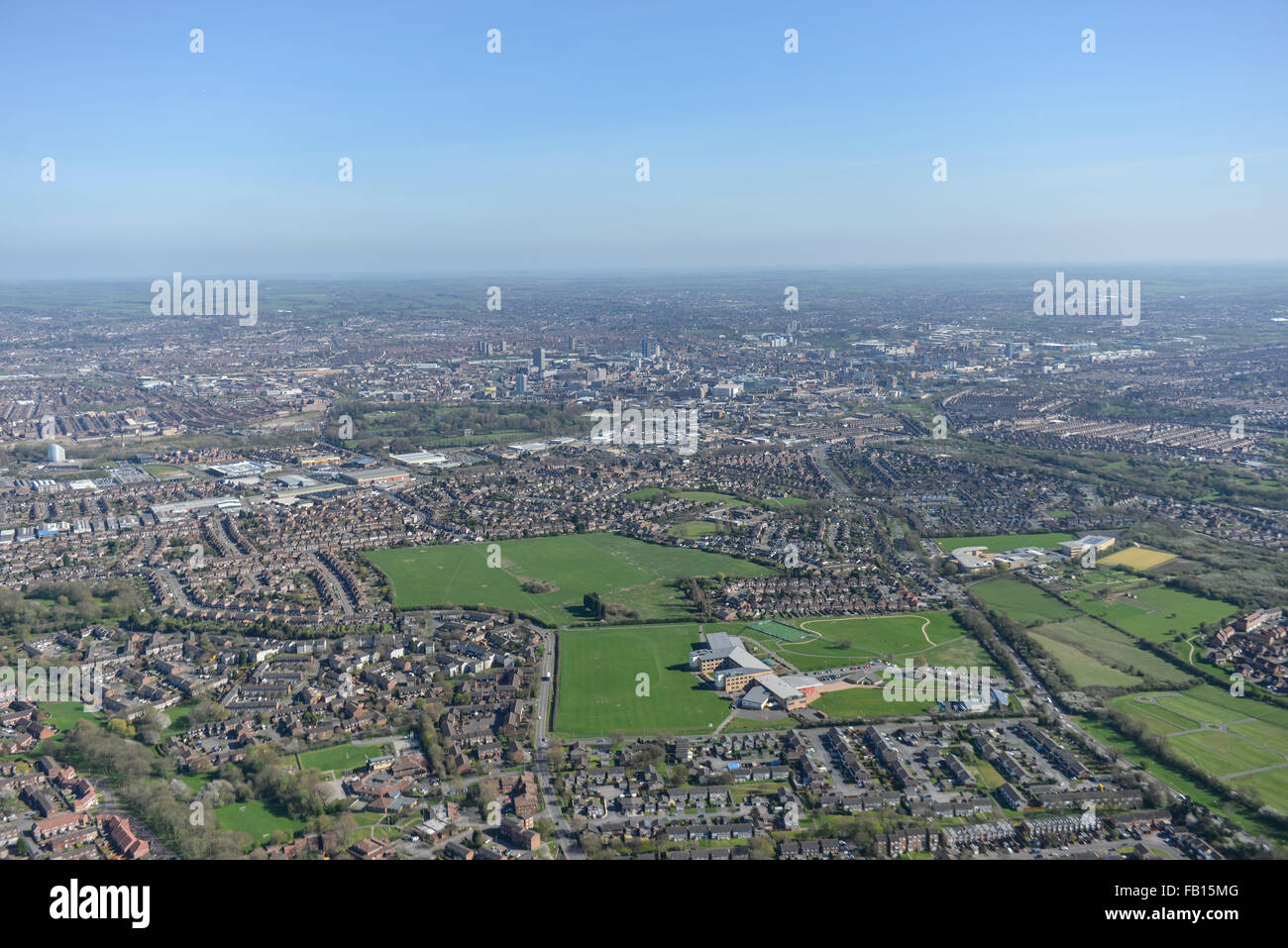 General aerial views over the East Midlands city of Leicester on a ...