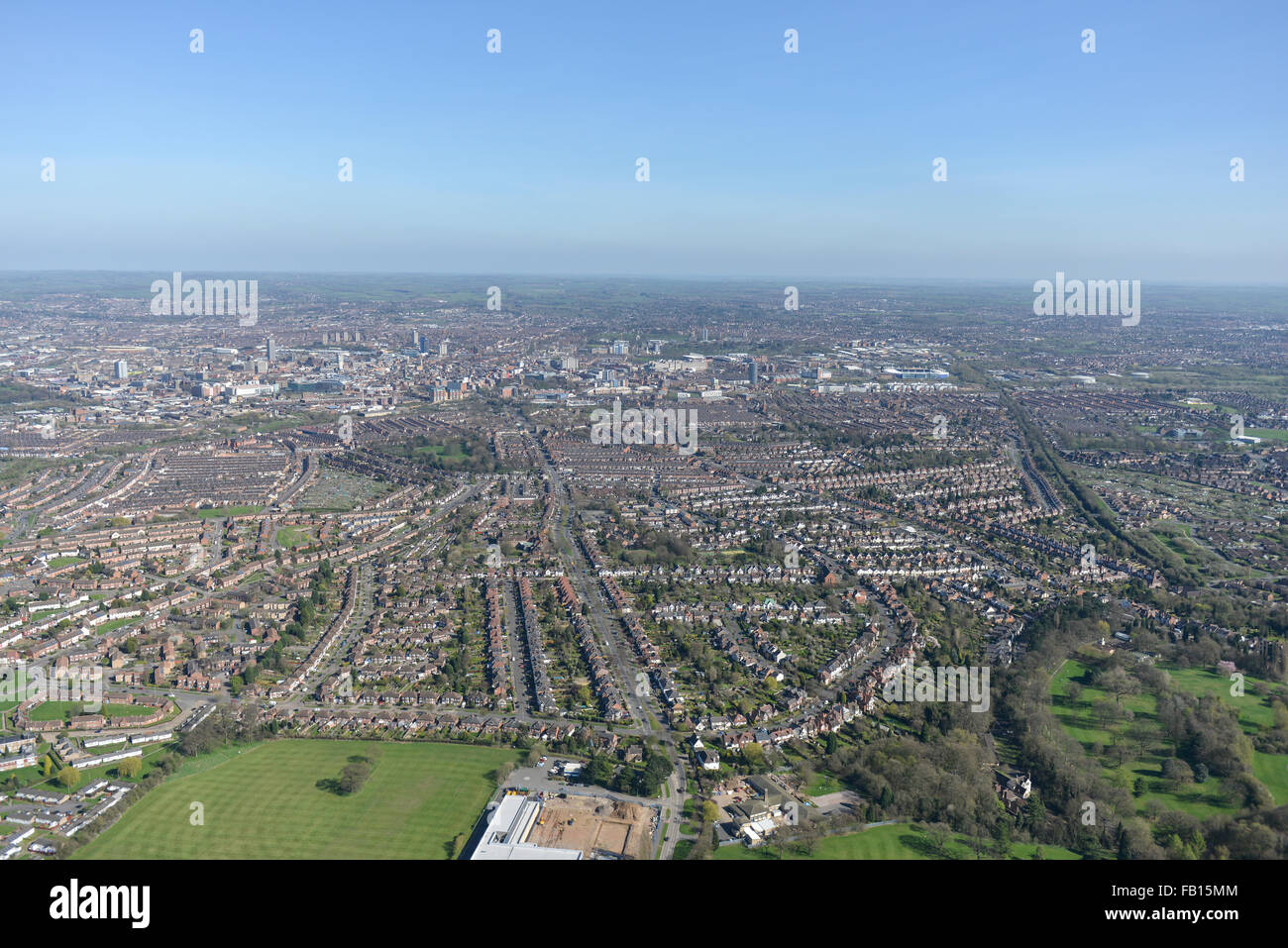 General aerial views over the East Midlands city of Leicester on a ...