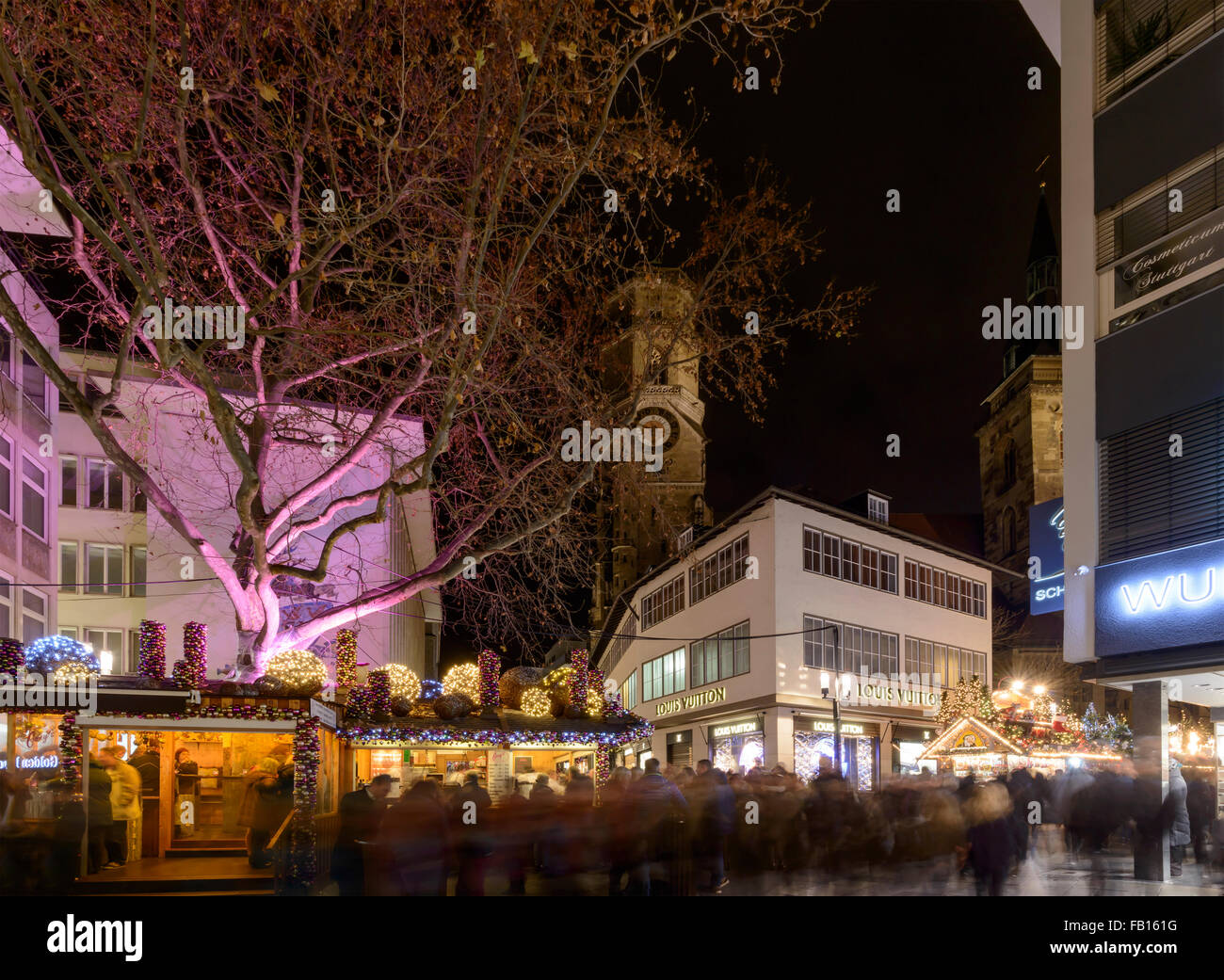 Evangelische Stiftskirche bell tower at Xmas market time, Stuttgart ...