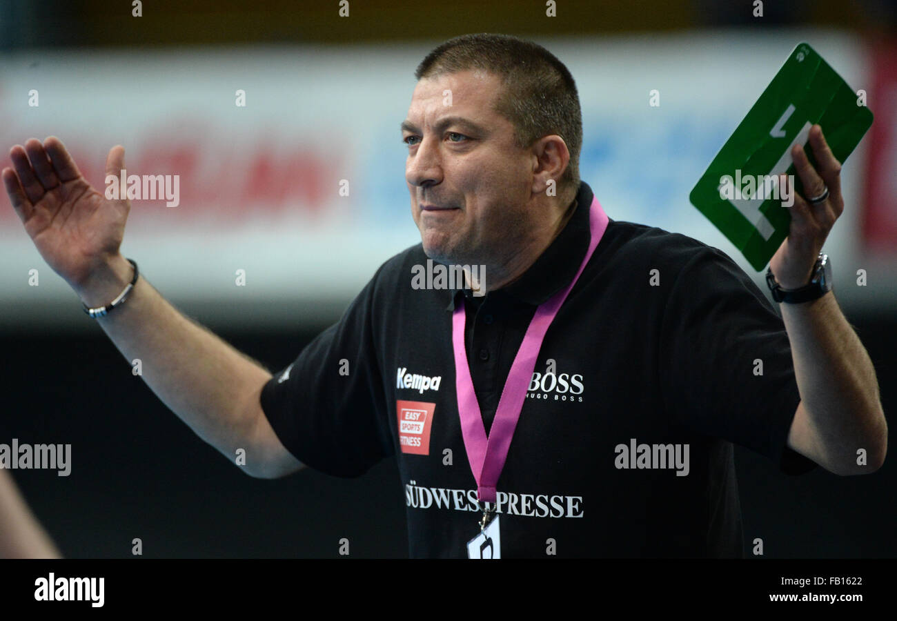Leipzig, Germany. 6th Jan, 2016. Metzingen coach Csaba Konkoly reacts ...